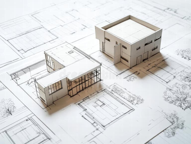 Architectural Design, Modern House Models on Blueprint Stock Image ...