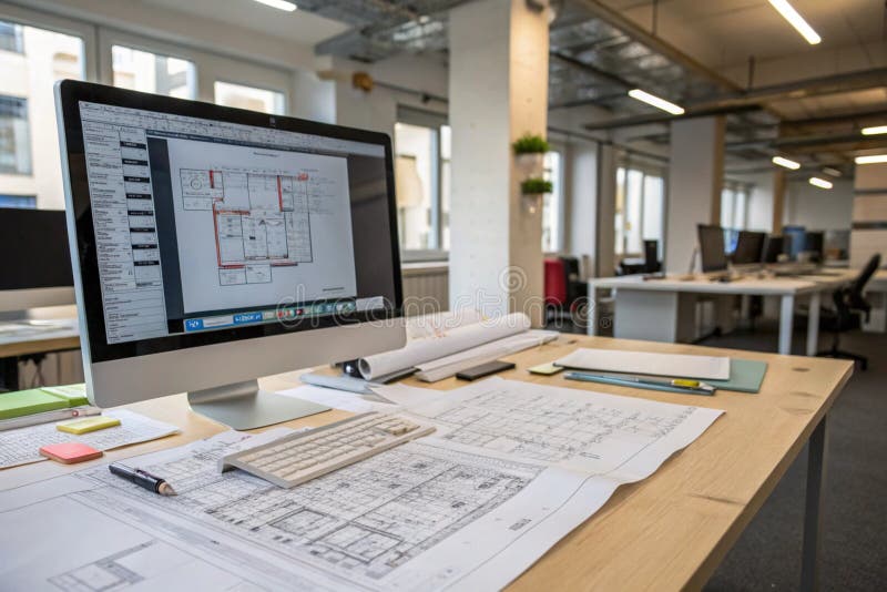 Architectural Office with Empty Desk and Computer Stock Illustration ...