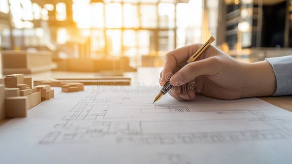 Architectural Design Process with Hand Sketching Plans and Wooden Models in Bright Workspace ...