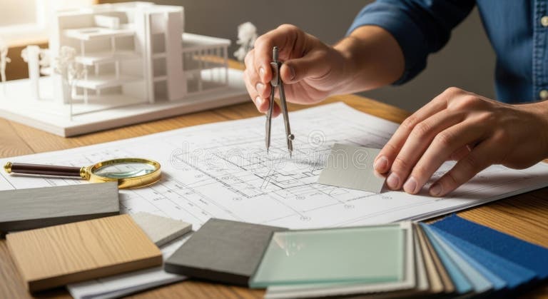 Architectural Design Process Hands Drawing Blueprint with Tools and ...