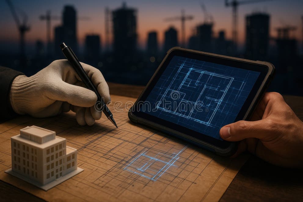 Architectural Design Process, Hands Working on Blueprint and Digital Tablet Plan at Dusk Stock ...