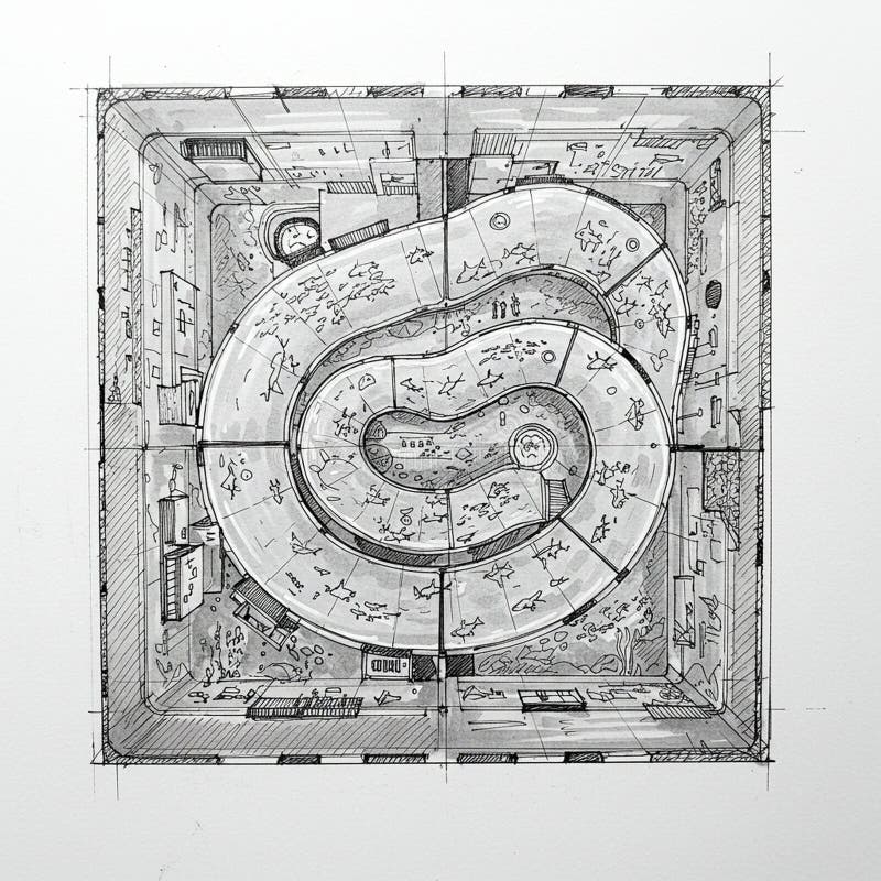 Architectural Design Sketch of an Interior Layout Featuring a Large ...