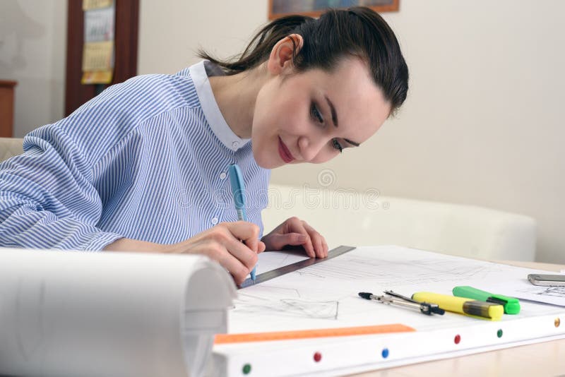 Student Architect Draws Geometric Shapes, Design Practice Stock Photo ...