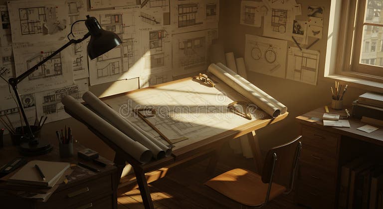 Architectural Design Studio with Drafting Table and Building Plans Stock Illustration ...