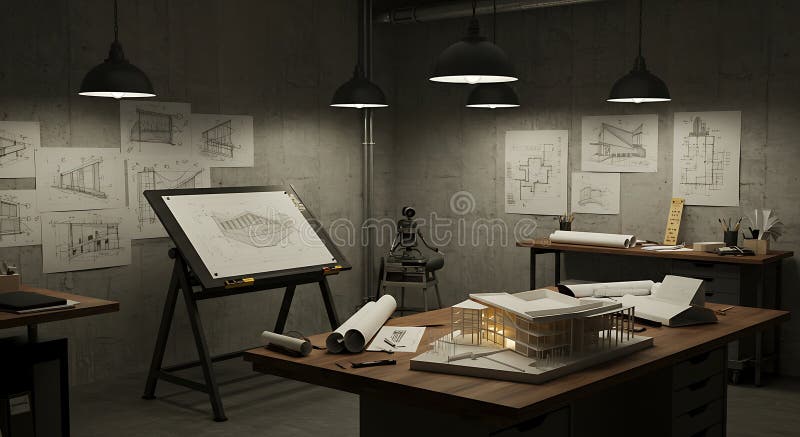 Architectural Design Studio with Model, Drawings, and Drafting Table ...
