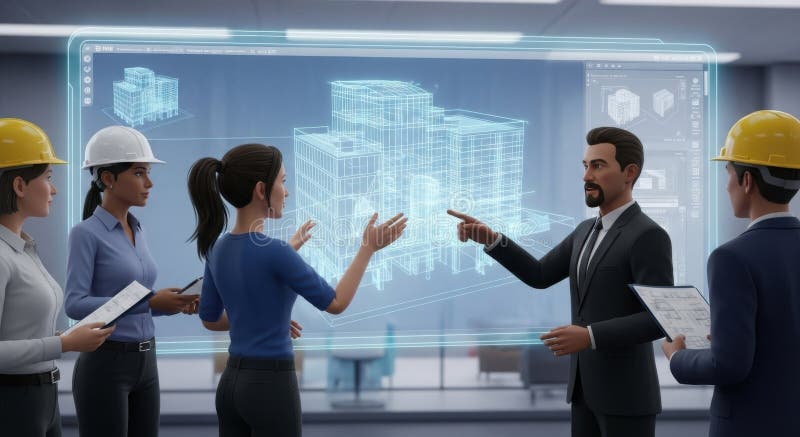 Architectural Design Team Review Building Blueprint on Interactive ...