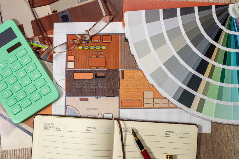 Architectural Design of Work with Color Palette and Sketch Plan Printed ...