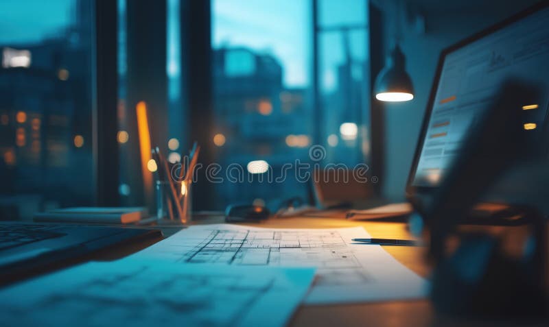 Architectural Design Workspace with Blue Hour Ambiance, Featuring ...
