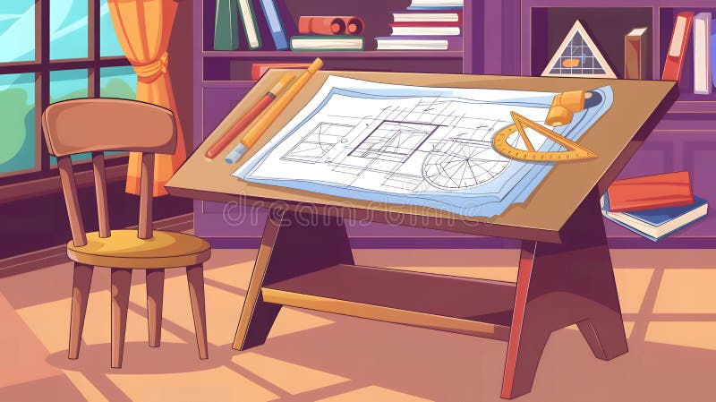 Architectural Design Workspace: Blueprint Table with Drafting Tools and ...