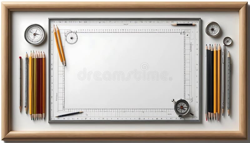 Architectural Design Workspace: Drawing Board with Pencils, Compasses ...