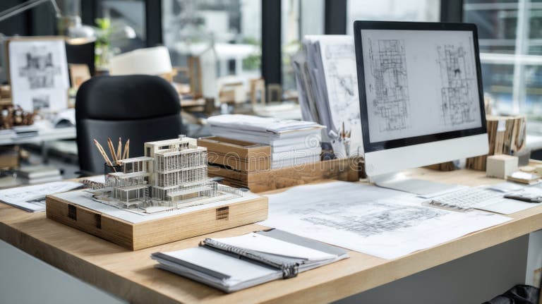 Architectural Design Workspace Featuring Scale Model, Blueprints, and ...