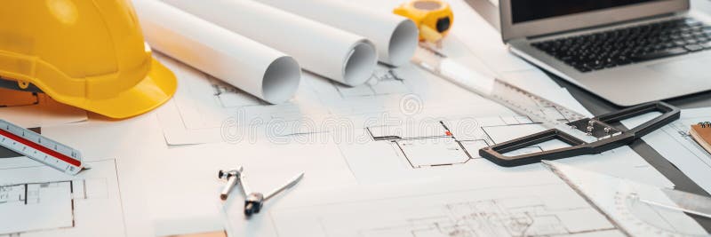 Architectural Designed Blueprint Layout and Engineer Tools on Table ...
