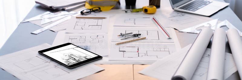 Architectural Designed Blueprint Layout and Engineer Tools on Table ...