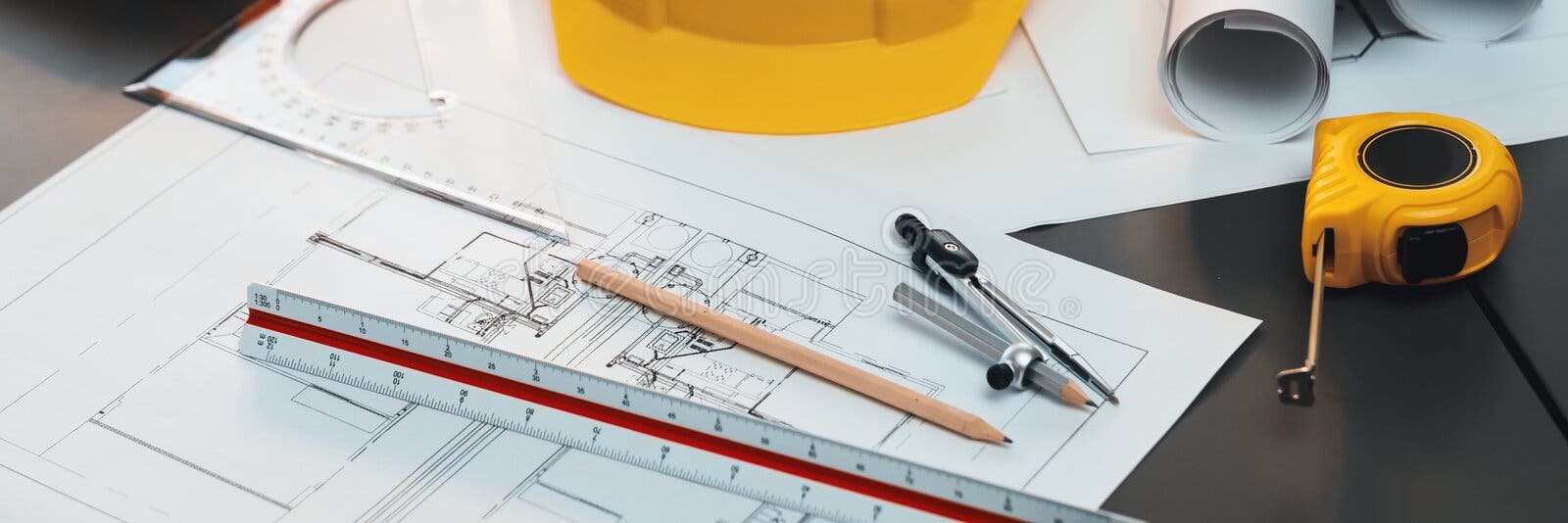 Architectural Designed Blueprint Layout and Engineer Tools on Table ...