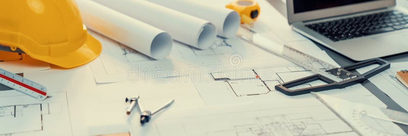 Architectural Designed Blueprint Layout and Engineer Tools on Table ...