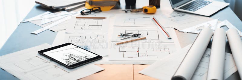 Architectural Designed Blueprint Layout and Engineer Tools on Table ...