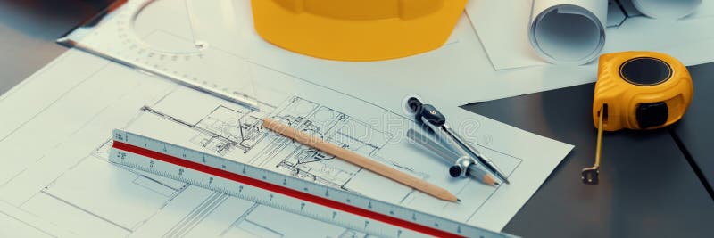 Architectural Designed Blueprint Layout and Engineer Tools on Table ...