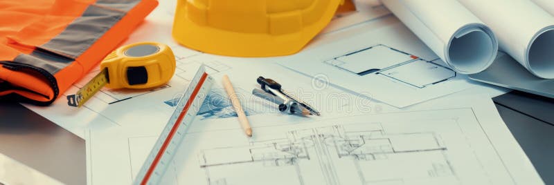 Architectural Designed Blueprint Layout and Engineer Tools on Table ...