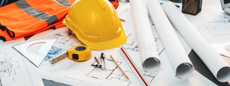 Architectural Designed Blueprint Layout and Engineer Tools on Table ...