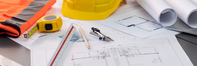 Architectural Designed Blueprint Layout and Engineer Tools on Table ...