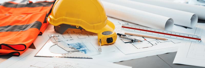 Architectural Designed Blueprint Layout and Engineer Tools on Table ...