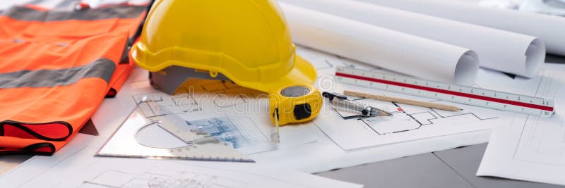 Architectural Designed Blueprint Layout and Engineer Tools on Table ...