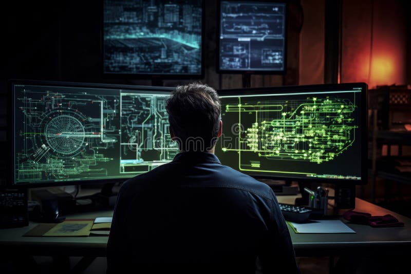 Architectural Designer Analyzing Power Plant Blueprints on Computer ...