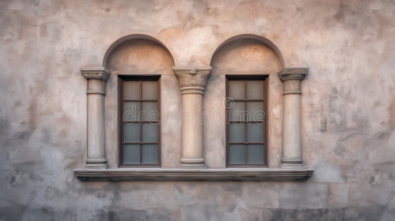 Two Arched Windows with Columns Adorning a Textured Wall Stock Photo ...