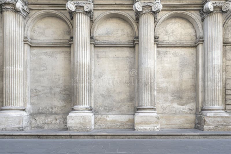 Architectural Details of Ancient Columns Lining a Weathered Stone Wall ...