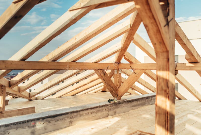 Architectural Details of Attic, Wooden Roof System at Construction Site ...
