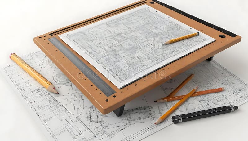 Architectural Drafting Board with Pencils and Blueprint Papers ...