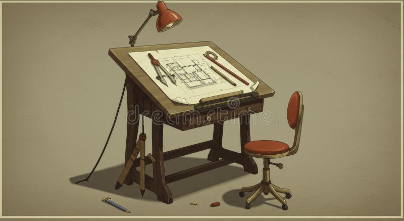 Vintage Drafting Table with Blueprint and Chair Stock Illustration ...