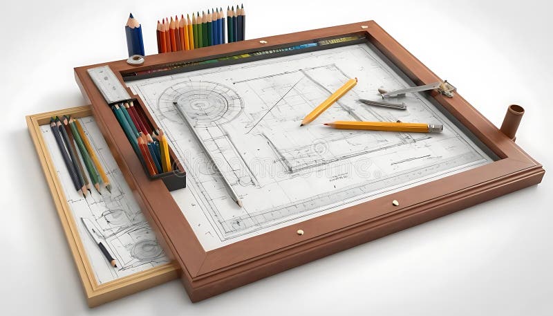 Architectural Drafting Table with Pencils, Ruler, and Compass: a ...