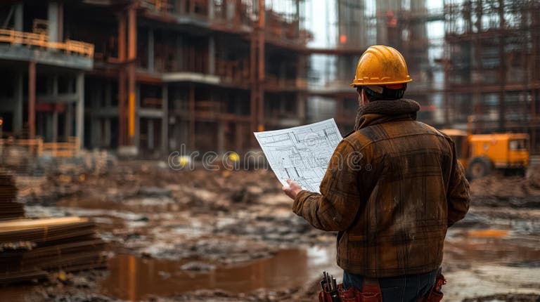 Architectural Draftsman Stands in Front of Plans on Construction Site ...