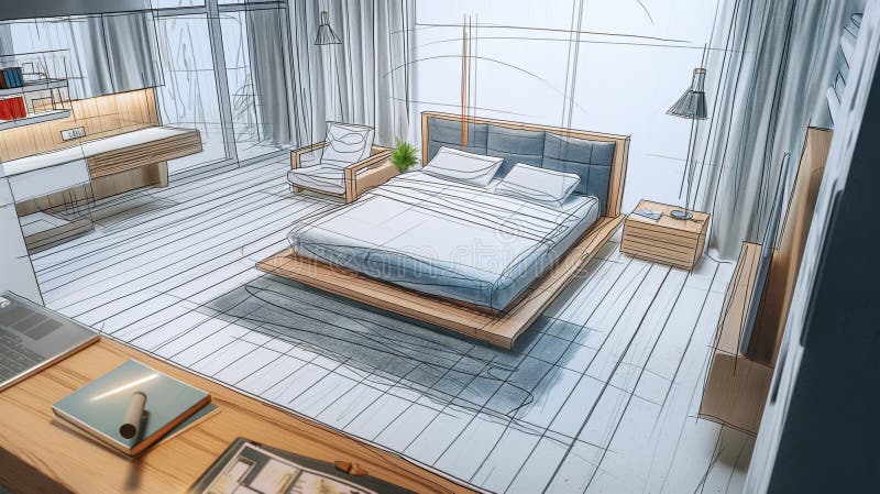Architectural Drawing of a Bedroom Design Interior Stock Illustration ...