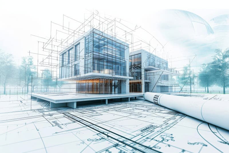 Architectural Drawing of Building on Top of Blueprint, Merging Images ...