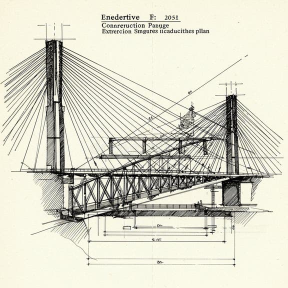 Architectural Drawing of a Cable-stayed Bridge. Two Tall Pylons Support ...