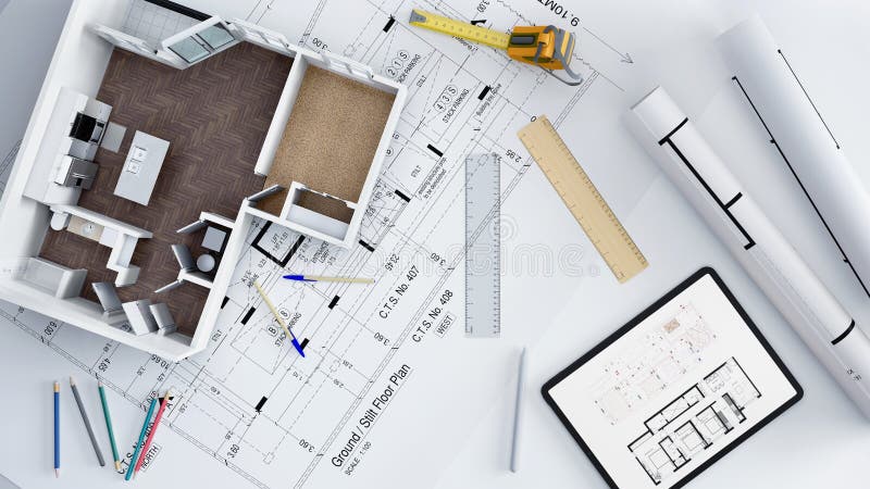 Architectural Drawing 3d Model Concept Render Stock Illustration ...