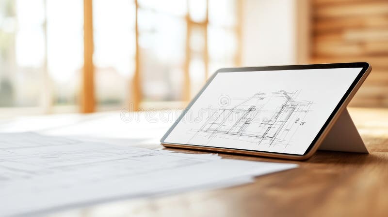 Architectural Drawing Displayed on a Digital Tablet Placed on a Wooden ...