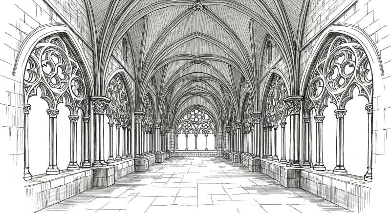 Architectural Drawing of a Gothic-style Corridor Featuring Ribbed ...