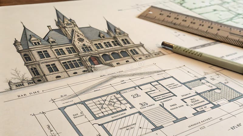 Architectural Drawing of a Grand Mansion House Plan with Detailed Floor ...