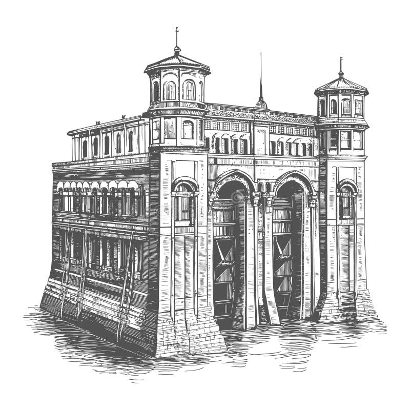 Elegant River Lock Building, Architectural Sketch, Vintage Illustration ...