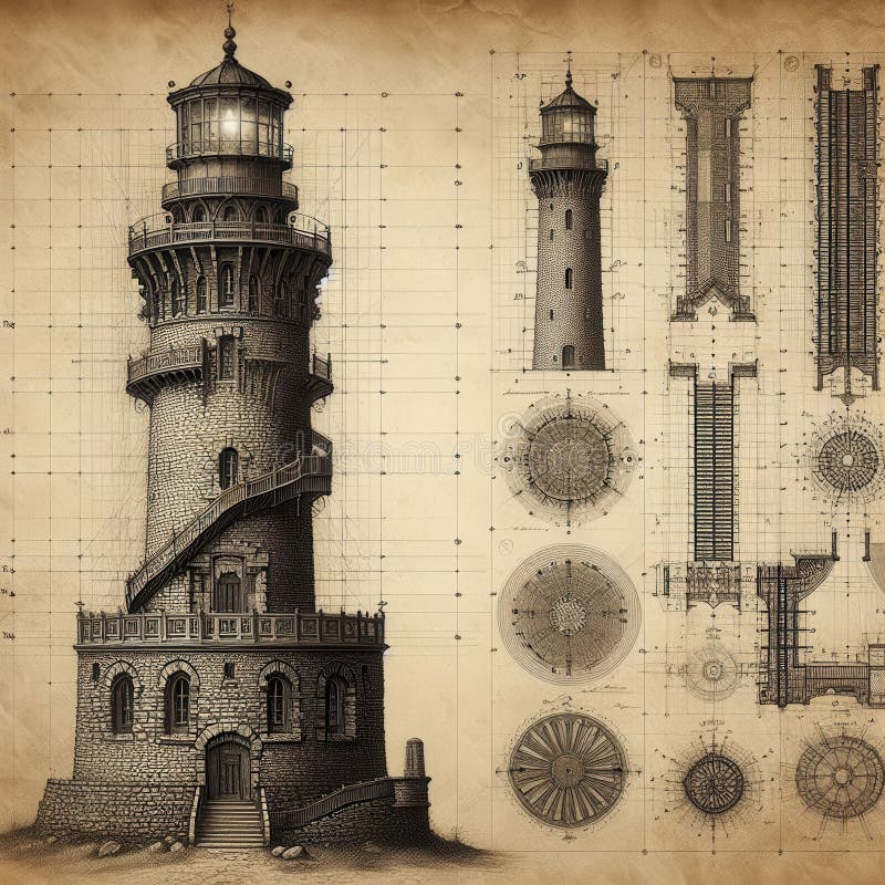 Architectural Drawing of Historic Coastal Beacon Stock Illustration ...