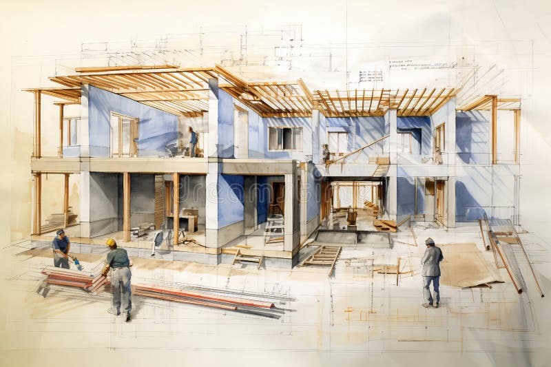 Architectural Drawing of a House Under Construction with Workers and ...