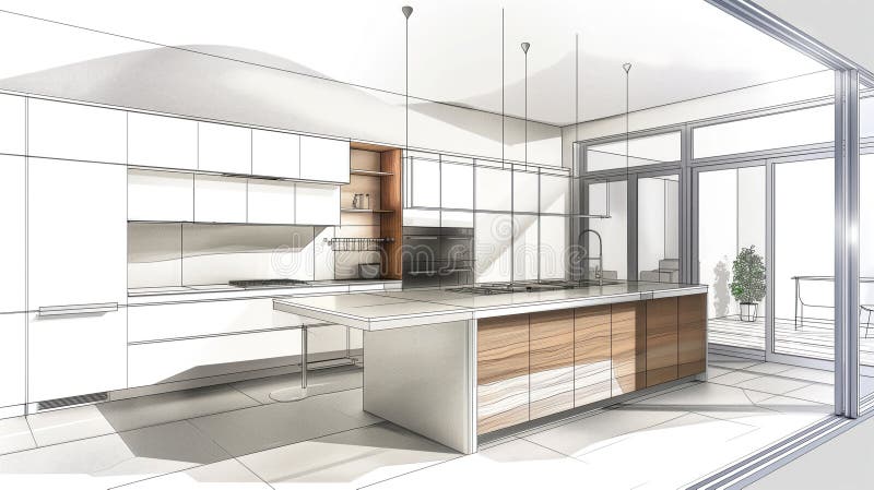 Architectural Drawing of a Kitchen Design Interior Stock Illustration ...