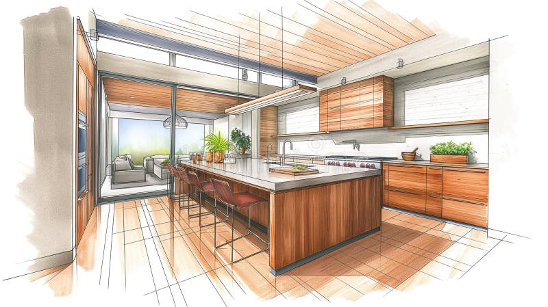 Architectural Drawing of a Kitchen Design Interior Stock Illustration ...
