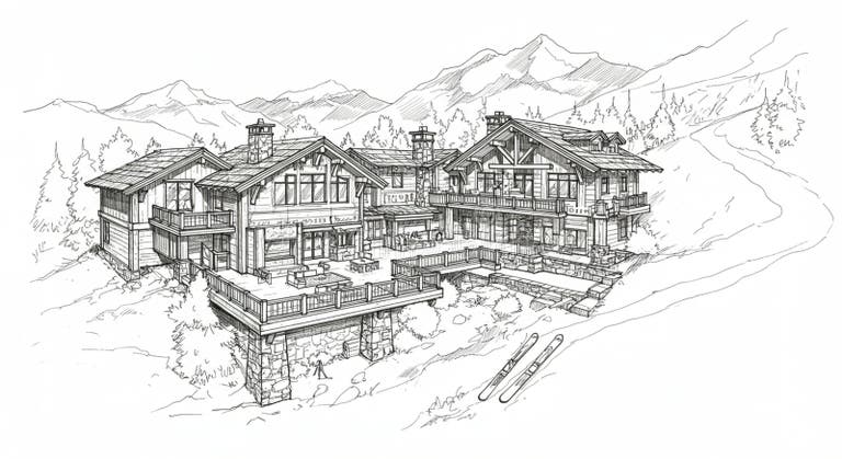 Architectural Drawing of a Luxurious Mountain Chalet with a Multi-level ...