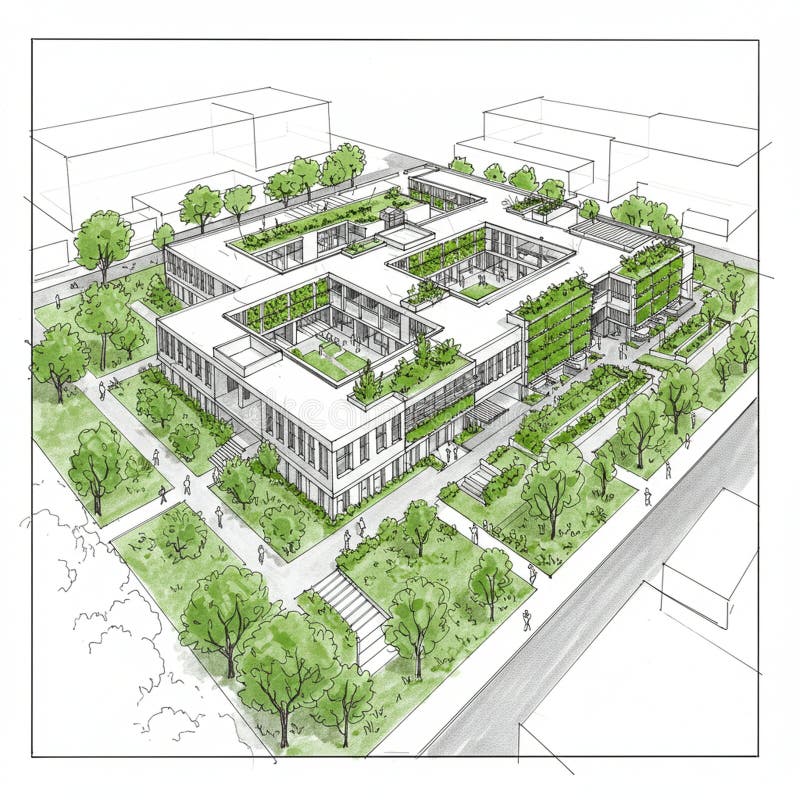 Architectural Drawing of a Modern, Eco-friendly Building Complex ...