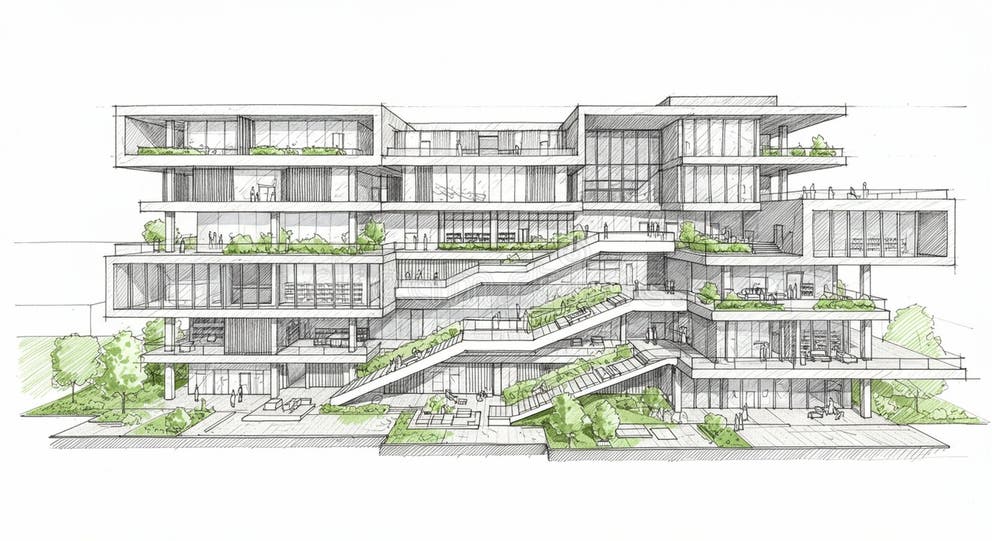 Architectural Drawing of a Modern, Multi-level Building Featuring ...