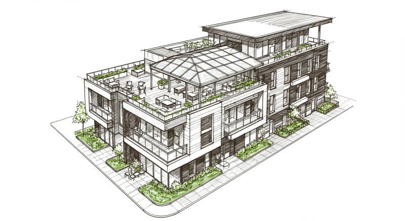 Architectural Drawing of a Modern Multi-story Building Featuring a Mix ...